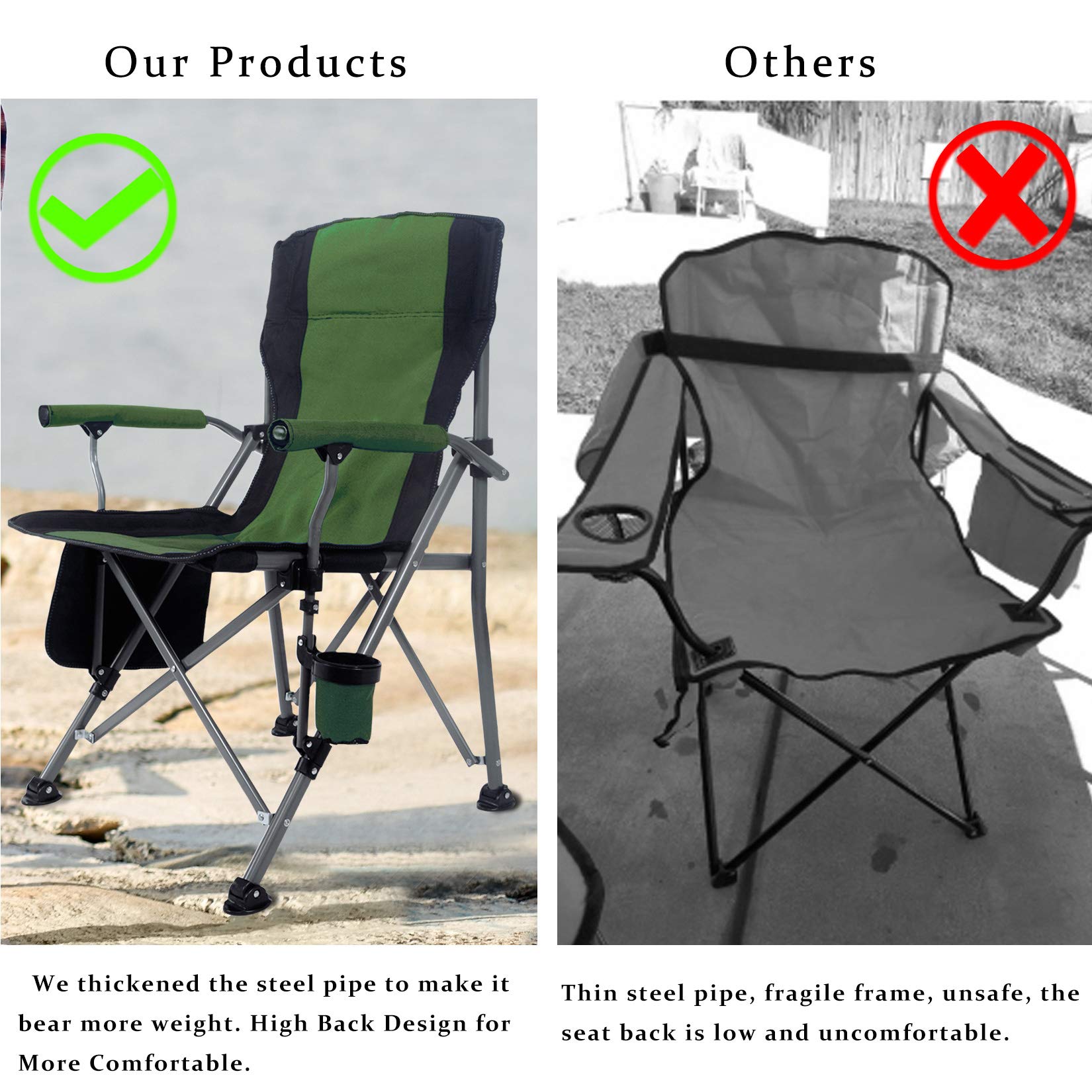 MaiuFun Portable Camping Chair Folding Heavy Duty Quad Outdoor Large Chairs Support 330 lbs High Back Padded Thicken Oxford with Armrests, Storage Bag, Cup Holder, Carry Bag for Outside(Green)