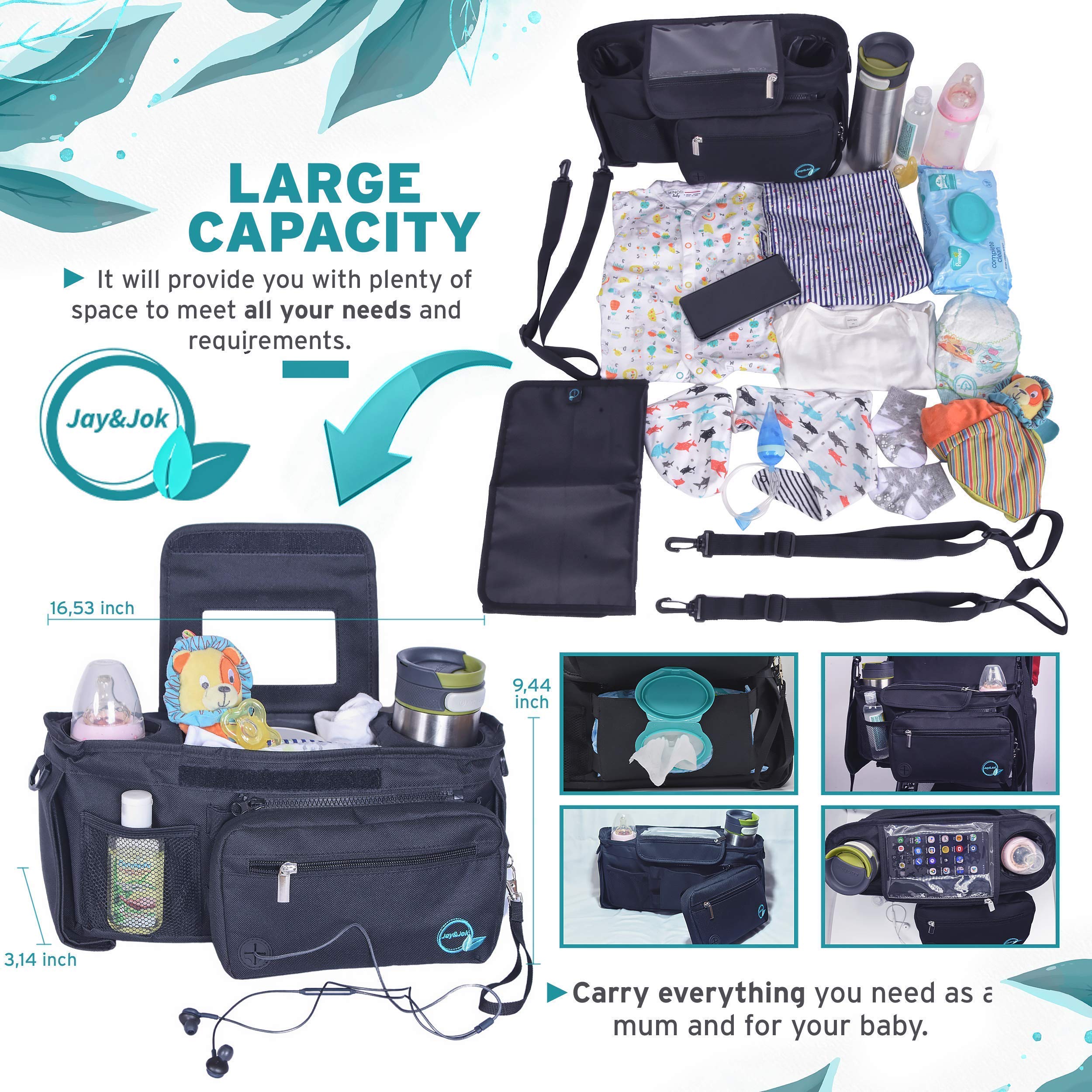 mcyiqihai Jay&JOK Stroller Organizer Bag with Cup Holders, Wipe Dispenser, Detachable Bag, Mirror for Moms. Waterproof Changing Pad, Non-Slip & Shoulder Strap Fit All Baby and Pet Stroller