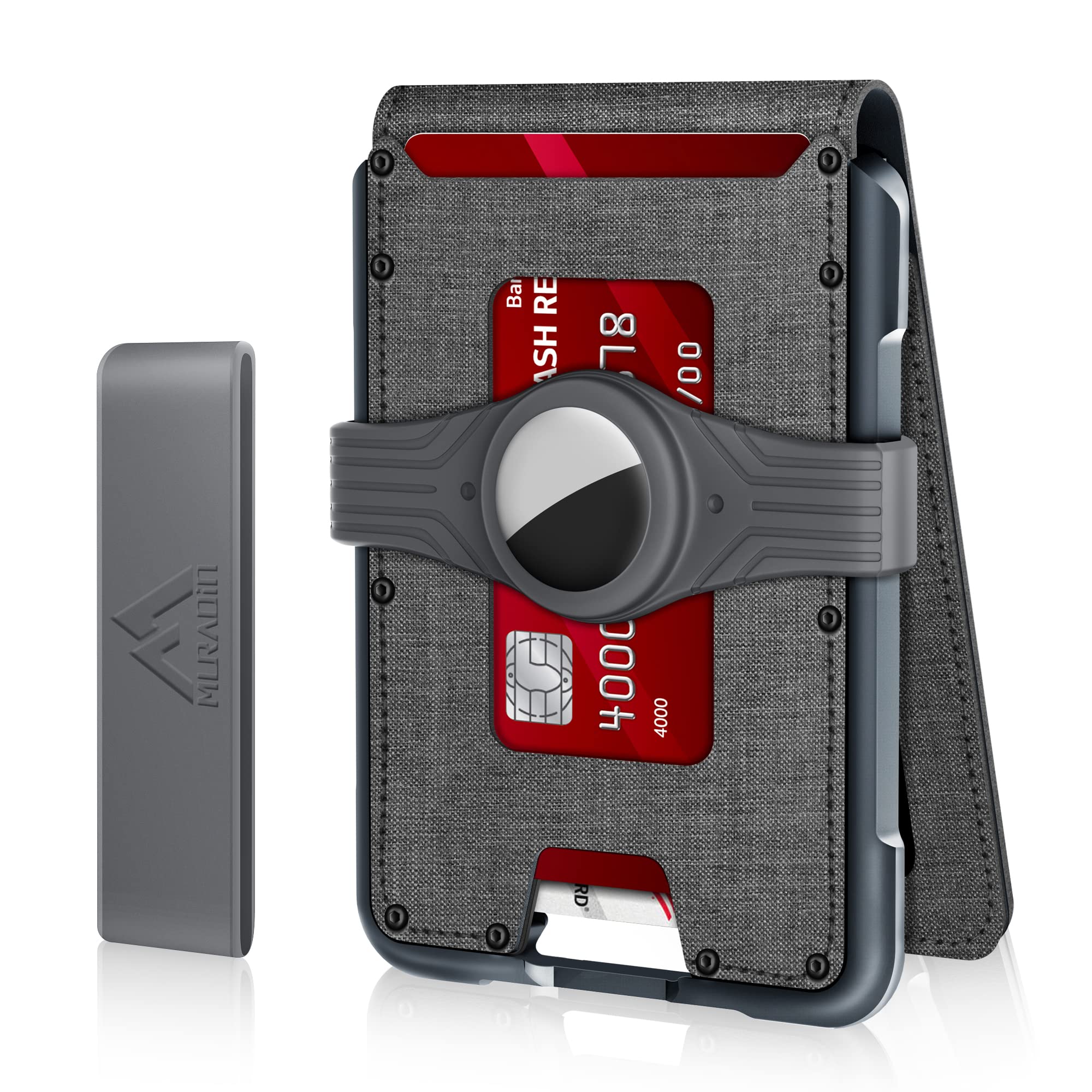 MURADIN Mens Wallet Tactical Bifold Wallets for Men Metal RFID Blocking Aluminum Minimalist Wallet Money Cards Holder Gifts for Men with Band Compatible with AirTag Grey PU (No Airtag)