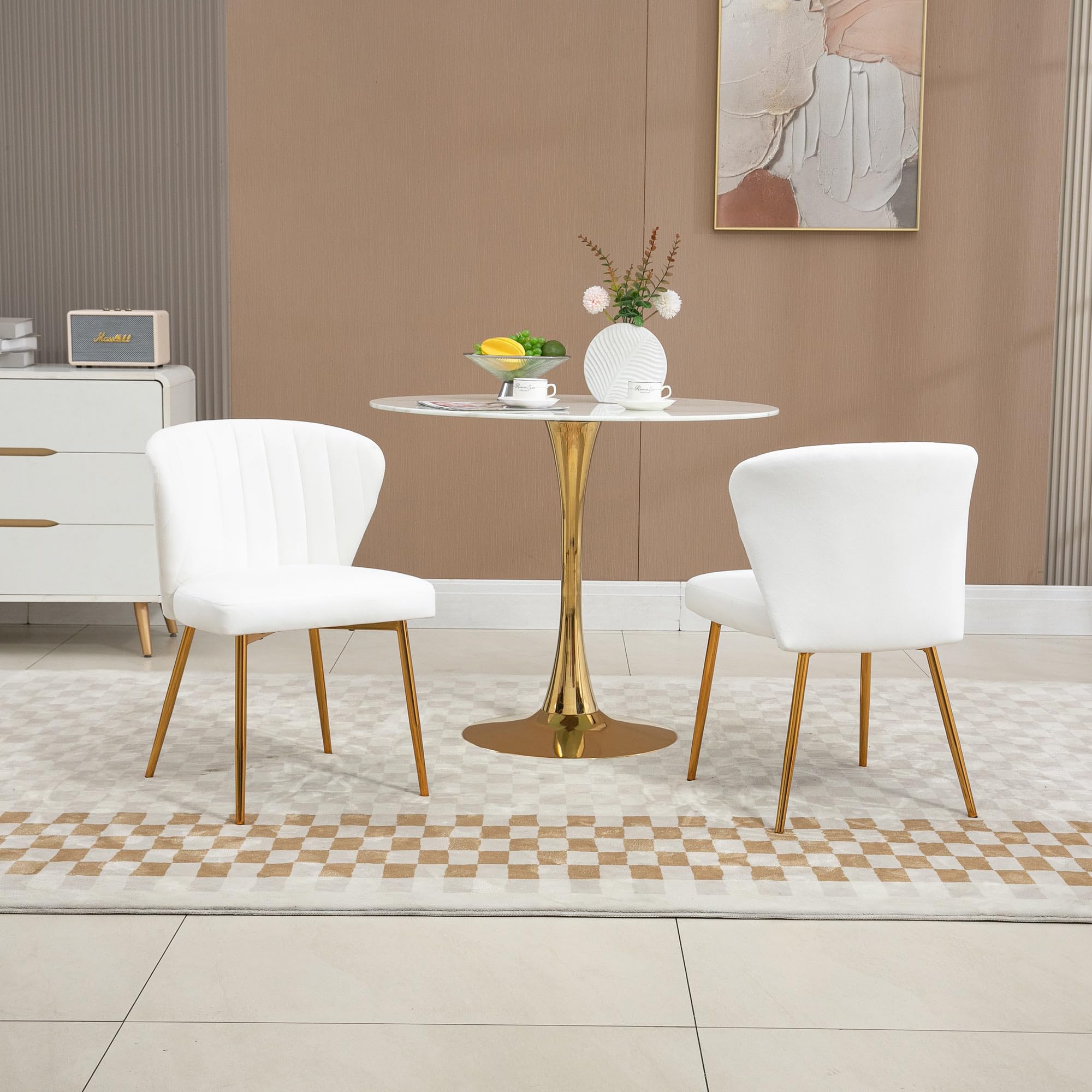 KASUE Dining Chairs Set of 6, Velvet Upholstered Dining Chairs with Gold Metal Legs, Modern Accent Chairs for Living Room, Dining Room, Kitchen (White)