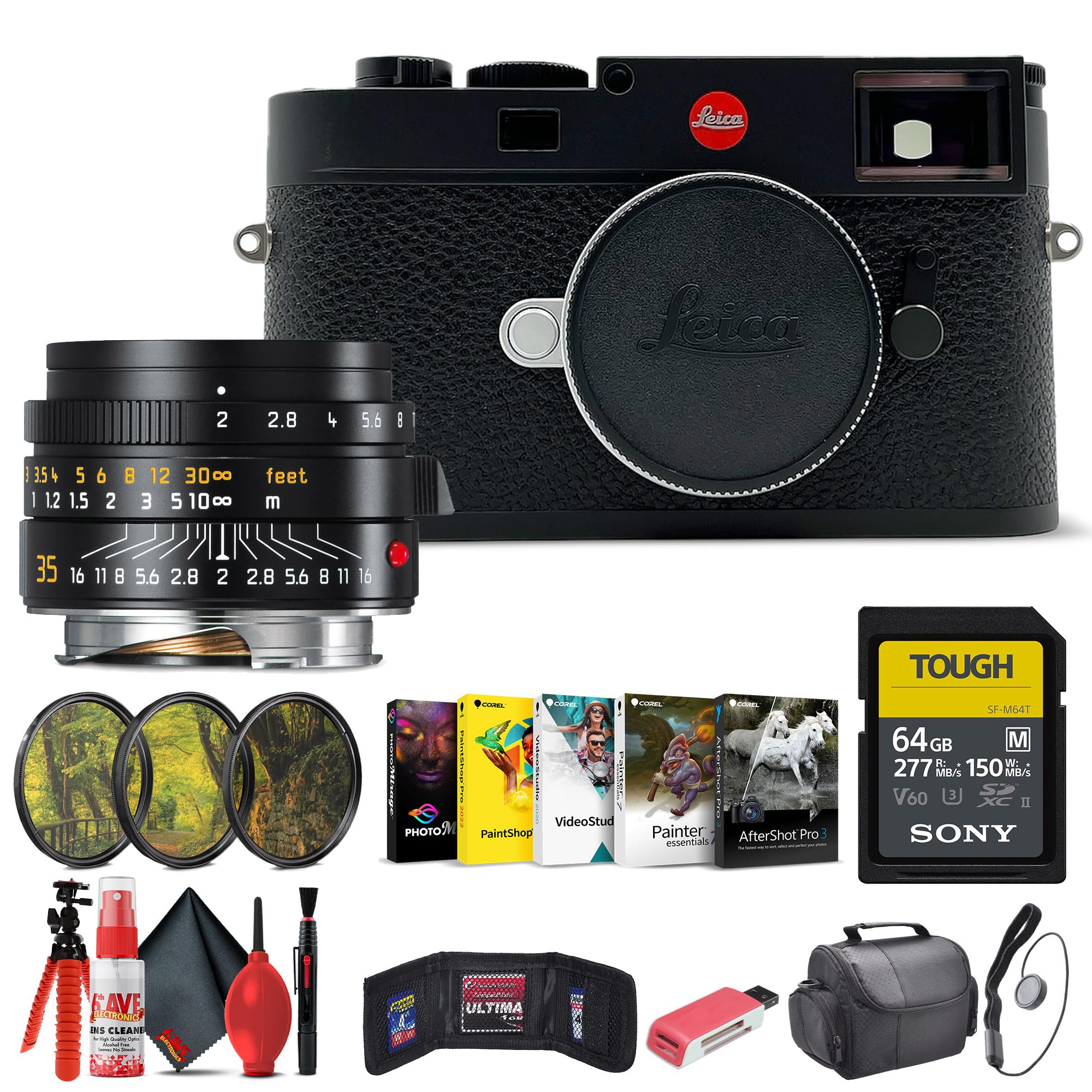 Leica M11 Rangefinder Camera (Black) (20200) + Leica 35mm f/2 Lens + 64GB Memory Card + Corel Photo Software + Card Reader + Case + Flex Tripod + Cleaning Kit + Memory Wallet + Cap Keeper