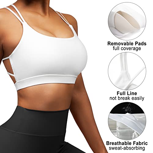 OMKAGI Women Crisscross Backless Sports Bras Padded Open Back Strappy Yoga Bra Top(M,257-White)