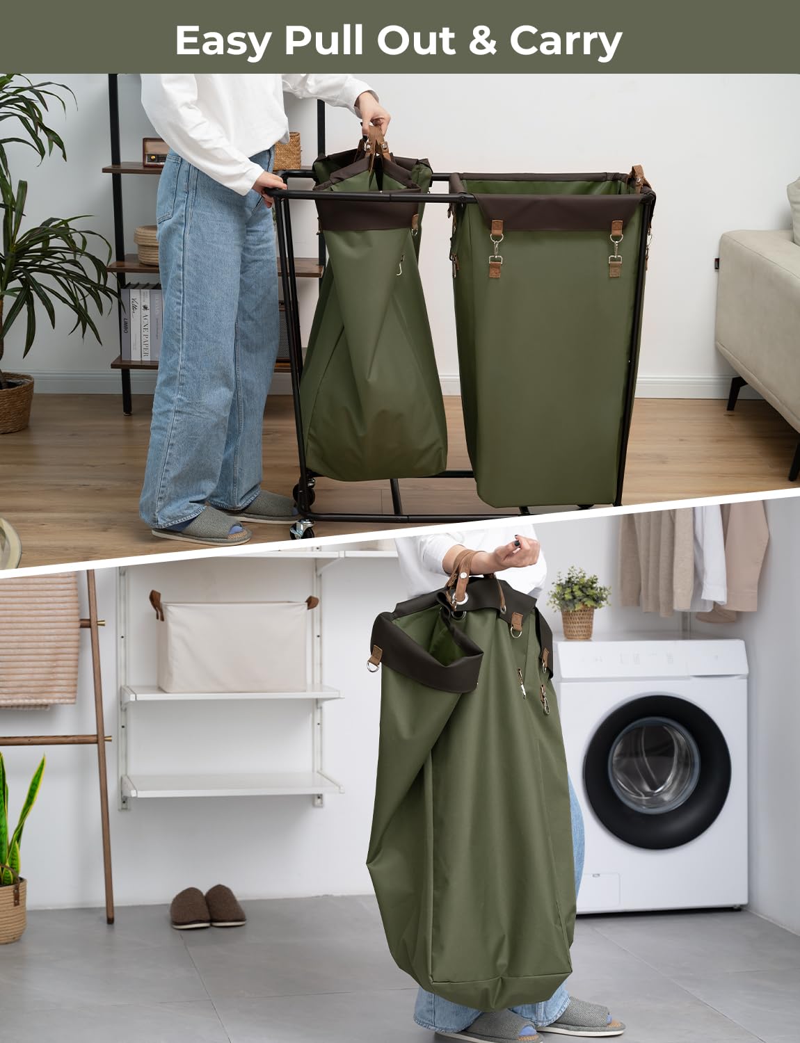 StorageWorks Laundry Sorter Cart with 2 Sections, 390L Laundry Cart with Wheels, Extra Large Double Laundry Hamper, Laundry Basket Divider for Hotel, Home, Green, 1-Pack