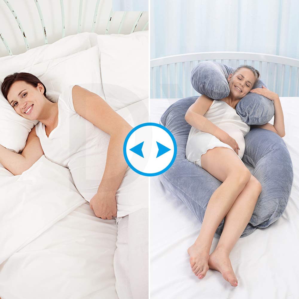 MANDZIXIN Pregnancy Pillow, Maternity Body Pillow with Velvet Separate Support Pillow and Removable Cover,Side Sleeping and Back Hips, Legs, Belly Support for Pregnant Women (Grey, U Shaped)
