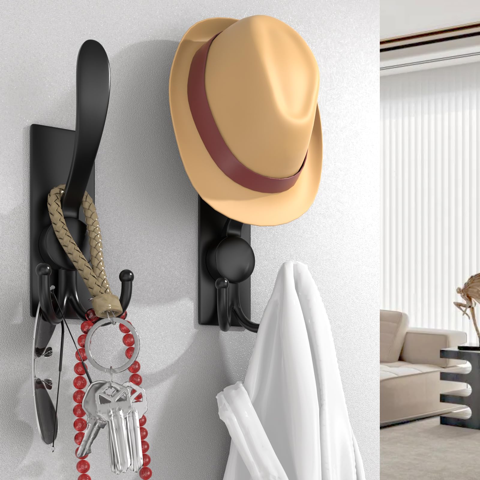 VINHOLD Self-Adhesive Coat Hooks with Tri Hooks, Metal Wall Mounted Towel Hooks for hanging towels, coats, hats, pans, Utility Hooks for bathrooms, bedrooms,kitchens(2 pack,Black)