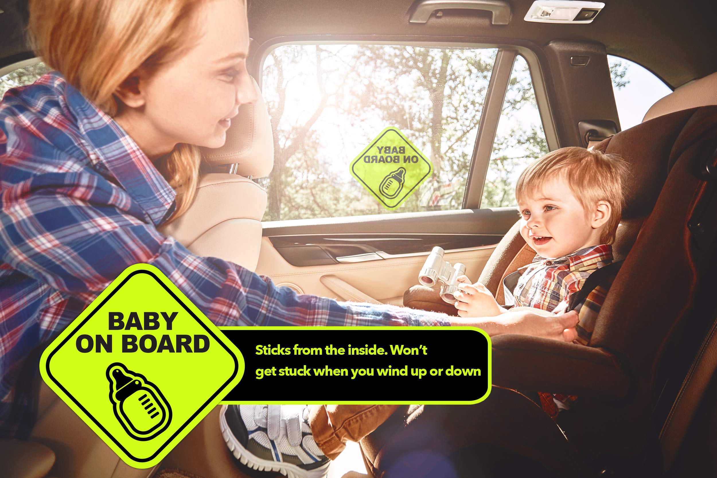 Kickfire 5 Pack Baby on Board - Static Cling Safety - Stickers for Car Accessories - No Glue or Residue | Big Bold Neon Green | Perfect Parent Pack Newborn Essentials Must Have (5 Pack)