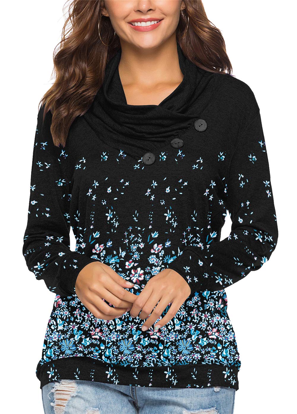 KISSMODA Women's Long Sleeve Solid Tunic Blouses and Tops Cowl Neck Sweatshirts with Button Navy Blue XL