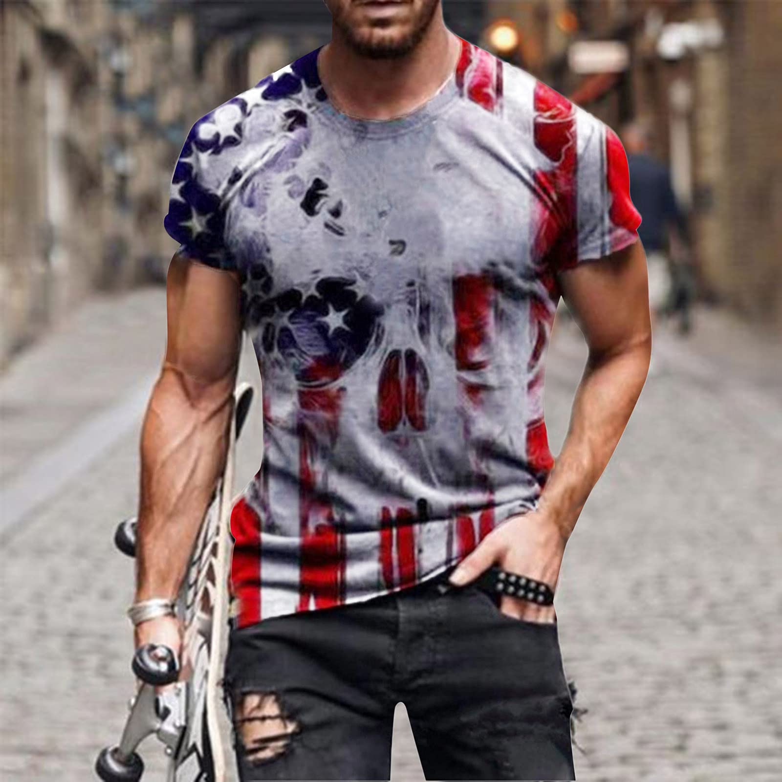 Mens Shirts Casual Summer Slim Fit Summer 3D Digital Printing Independence Day Funny Compression Graphic T-shirt Short Sleeve Blouse Red