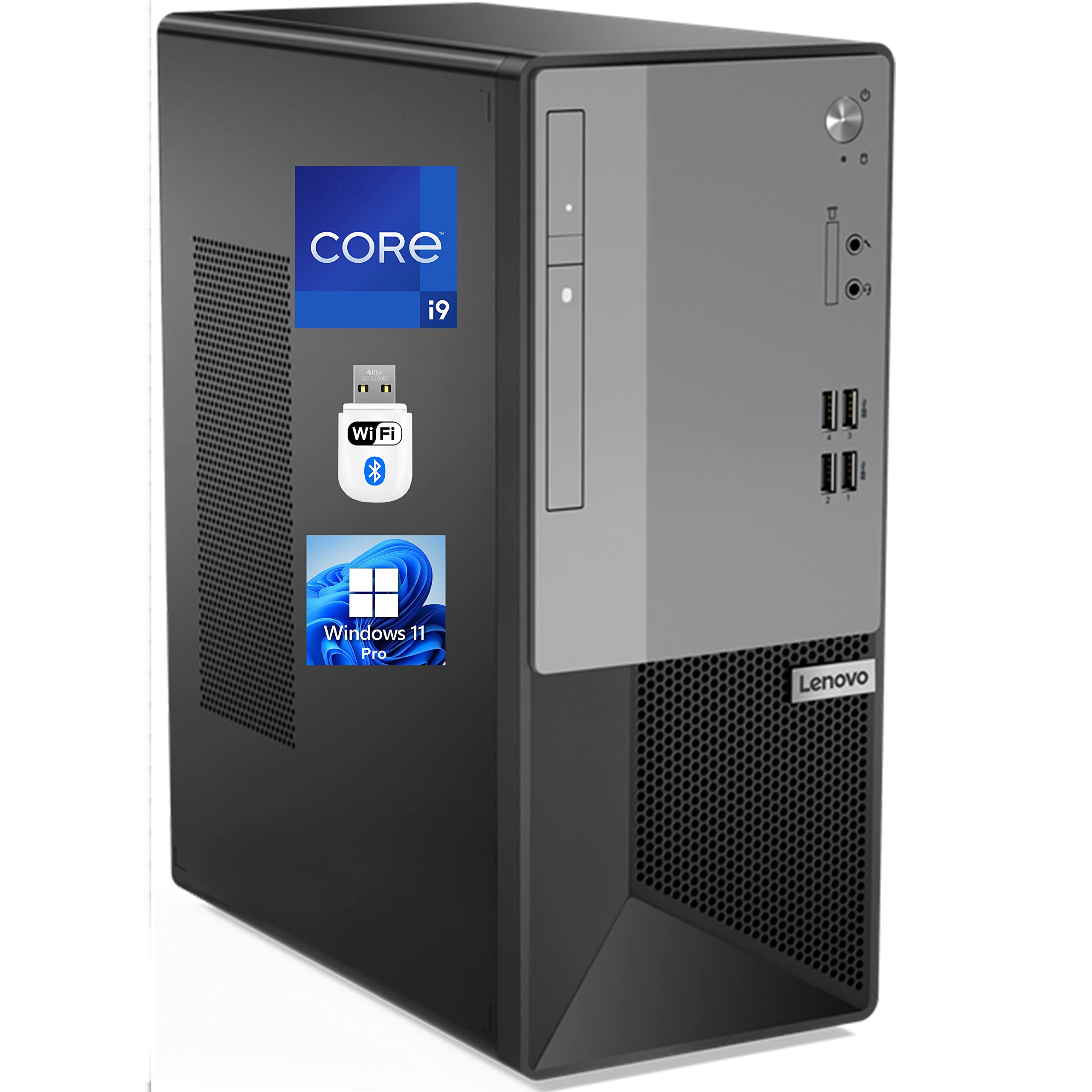 lenovo V50t Tower Gen2 Computer, i9-11900K, 64GB RAM, 2TB NVMe SSD, USB C, DVDRW, HDMI, VGA, Bluetooth, AC WiFi, Windows 11 Pro, Black