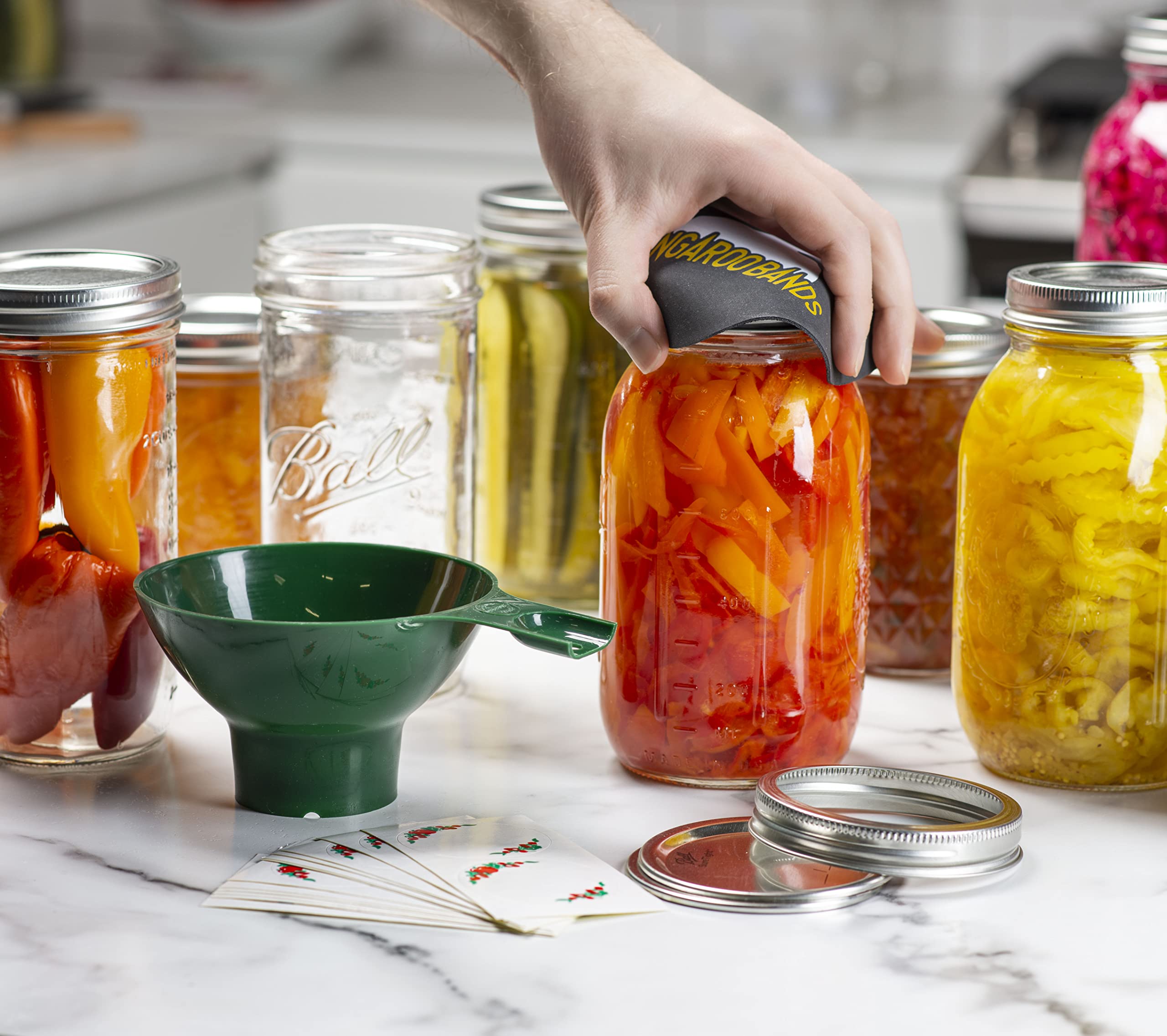 KanBandz Ball Regular Mouth 16-Ounces Mason Jar with Lids and Bands (24-Units), 24-Pack, AS SHOWN Bundled Non-Slip Jar Opener And Pack Of Self Stick Jar Labels.
