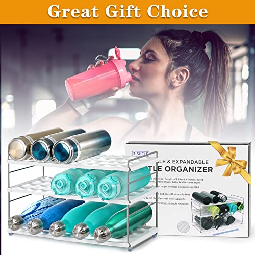 Water Bottle Organizer For Cabinet, Expandable Water Bottle Holder Rack, Adjustable Tumbler Storage For Kitchen Organization, 3 Tier Cup Organizer For Sports Flask Insulated Travel Mug Fridge, White