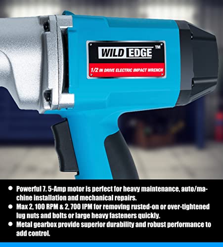 WILD EDGE Impact Wrench Kit, Heavy Duty 1/2 Inch Drive Corded Impact Gun, 7.5 Amp Max Torque 240 Ft-lbs & 2700 IPM, 4 Impact Sockets with Pin Anvil