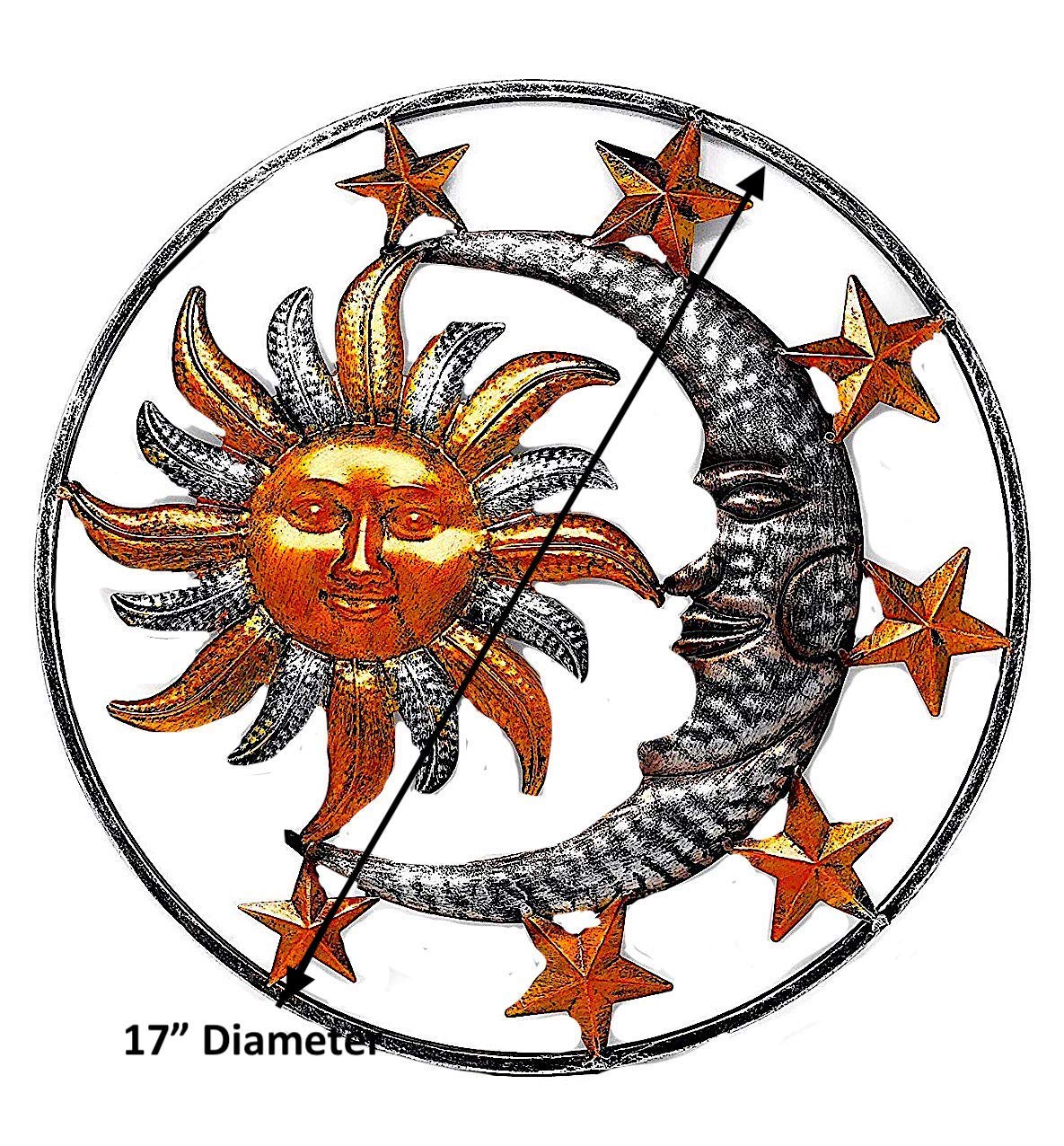 Large Metal Sun Moon Star Wall Art Sculpture Decor for Indoor Outdoor (17" Diameter)