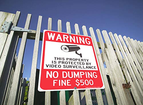 Warning No Dumping Fine $500 Sign, This Property Is Protected By Video Surveillance Sign, 14 x 10 Inches .040 Rust-Free Aluminum, UV Protected, Weather Resistant, Durable Ink, Easy to Mount (2 Pack)