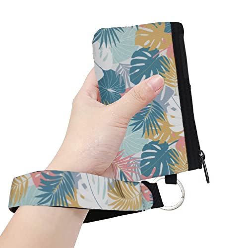Roctocesy Women's Wallet with Interlayer Zip Id Case Wallet with Wristlet Lanyard Floral Print Key Coin Pouch (Strawberry+Palm Leaves)