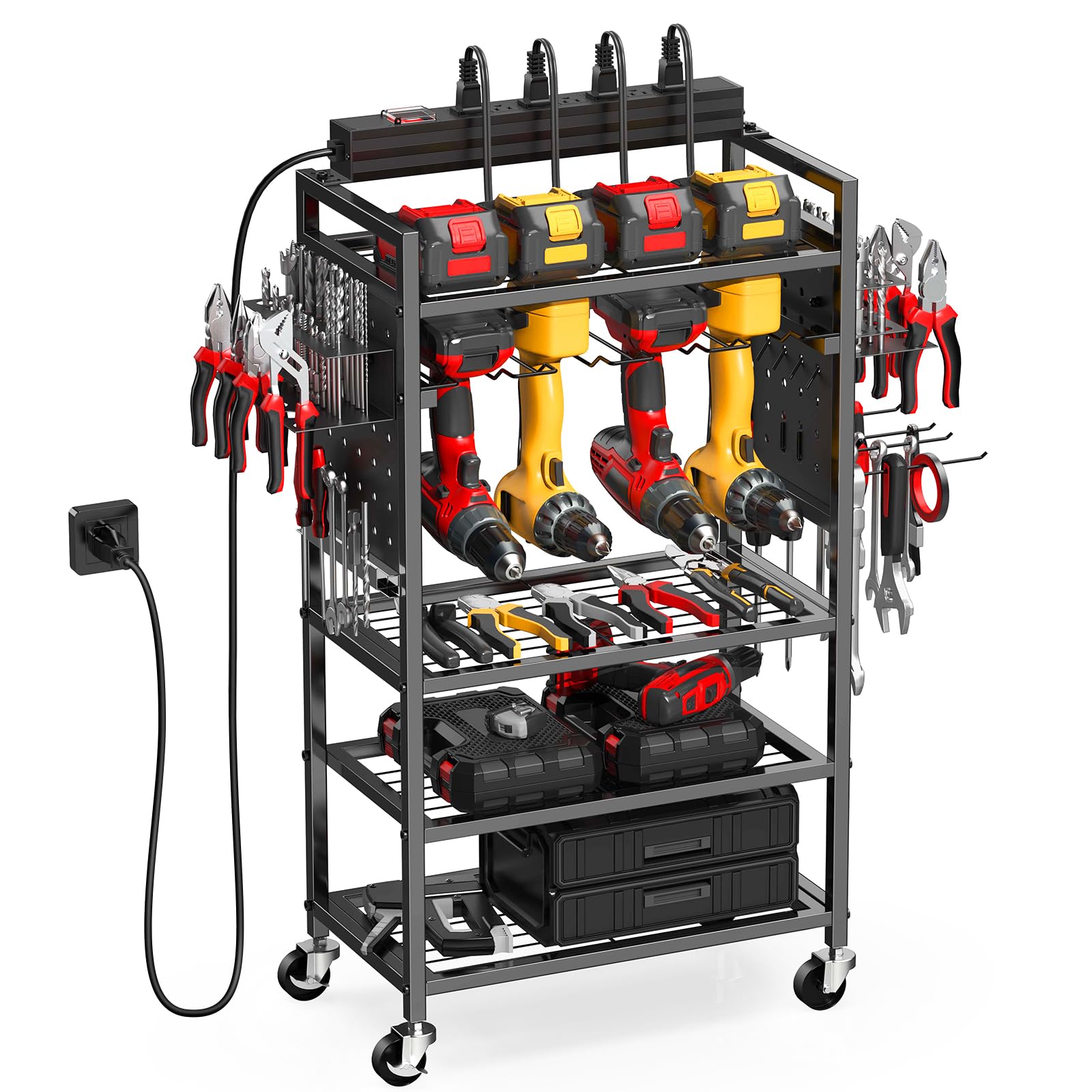Zivanti Power Tool Organizer Cart, Sturdy Garage Tool Organizer Cart with Charging Station, 5-Tier Power Tool Charging Station for Tool Organizers and Storage, Drill Holder on Wheels