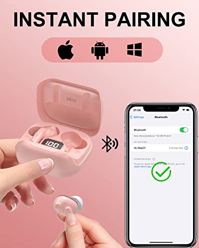 True Wireless HiFi Earbuds,Bluetooth Headphones with 4 Speakers,Hi-Res Audio 30H Playtime Earphones with LED Display Charging Case, Touch Control in-Ear Earbuds with Mic for Phones Games Sports Pink