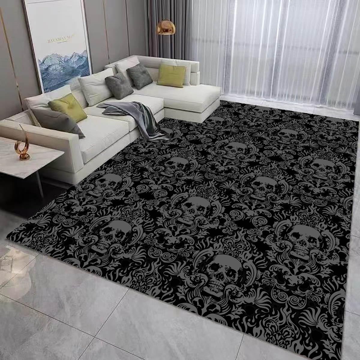 Vintage Black Gothic Skull Area Rugs Halloween Rugs Black and Grey Rugs Fun Carpet Cool Rugs Horror Runner Rug Floor Mat Doormat Goth Room Decor for Hallway Living Room Bedroom 6'x8'