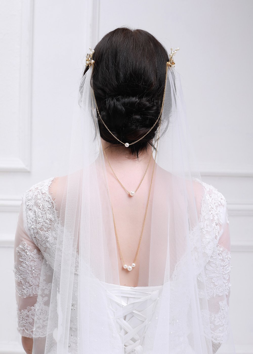 Kercisbeauty 3M 1 Tier Soft Tulle Sheer Cathedral Wedding Lace Veil Single Layer Drop with Gold Flower Comb Multi Layer Pearl Chain for Bride Bridal Headpiece Hair Dress (Ivory)