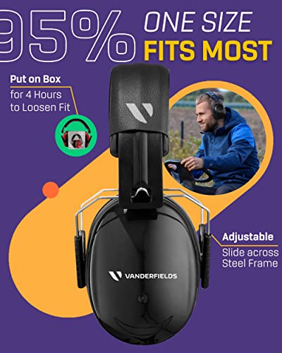 Vanderfields Ear Protection Earmuffs - Shooting Ear Muffs for Noise Cancelling - Passive Reduction for Safety Hearing - Adult Headphones for Lawn Mowing, DIY, Construction, Woodworking -Midnight Black
