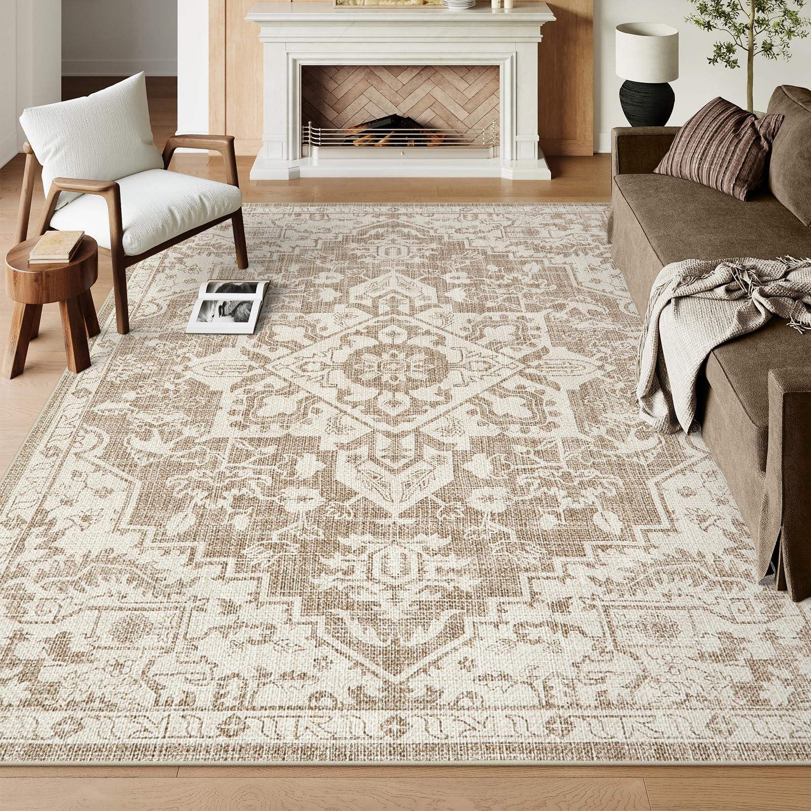 Vintage Washable 8x10 Area Rugs for Living Room, Neutral Large Rug for Dining Room Farmhouse Stain Resistant Chenille Rug Non Slip Low Pile Under Table Carpet for Bedroom Home Office, Light Taupe