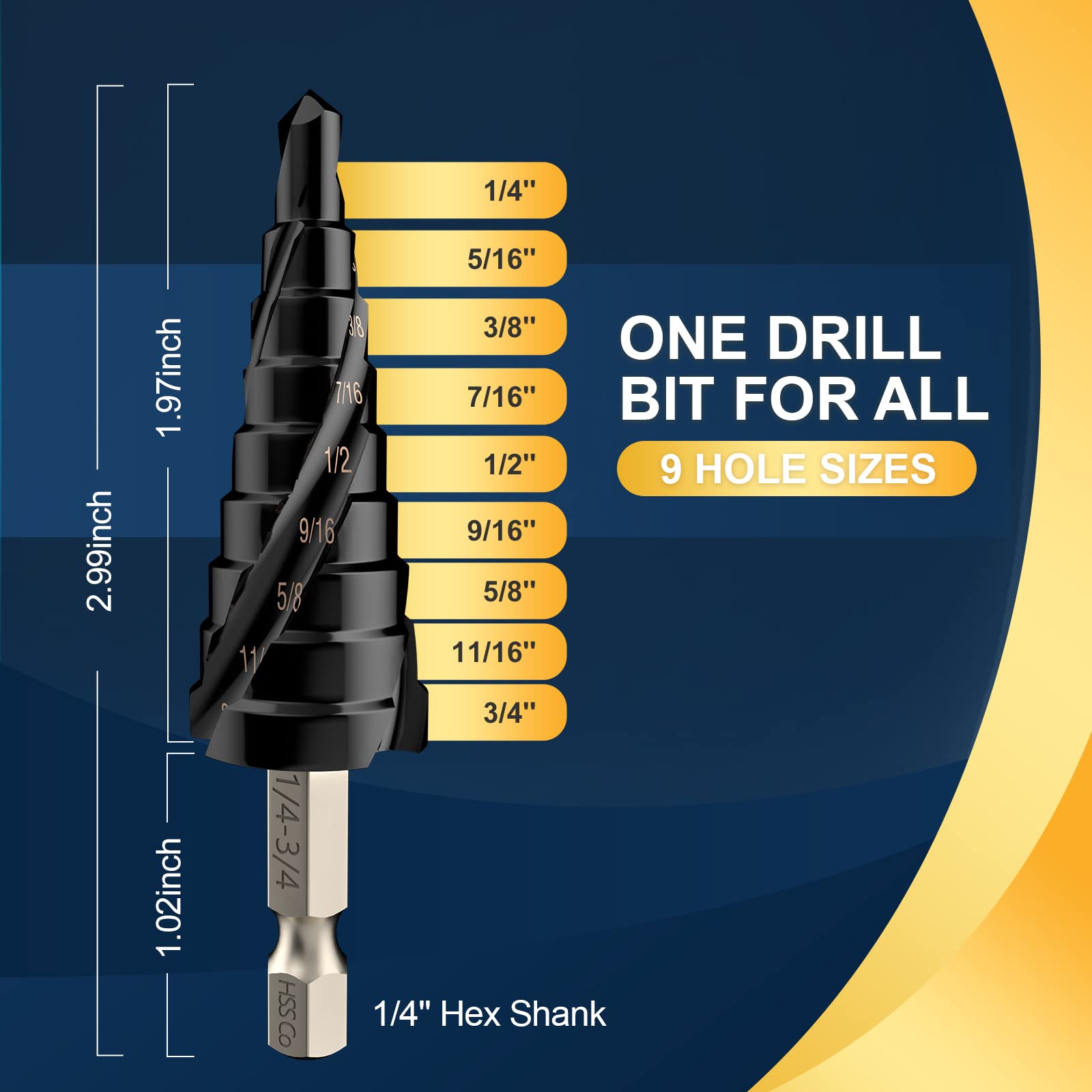 Zaamsoa M35 Step Drill Bit, 1/4”-3/4" Impact Ready Three Spiral Flute Unibit Step Bit, 1/4" Hex Shank Co Drill Bit for Metal, Wood, Multiple Hole Drilling Cone Drill Bit Drill Bits