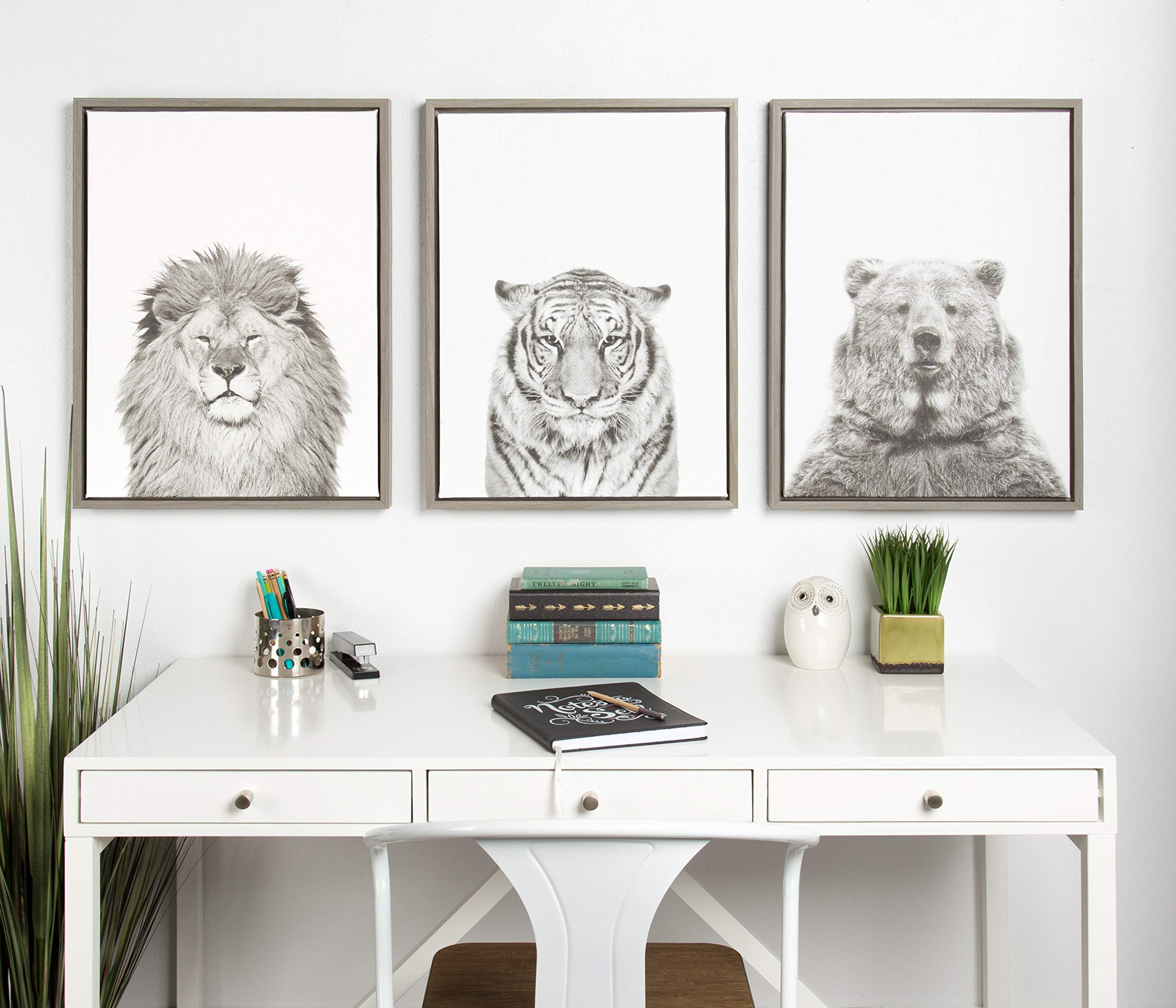 Kate and Laurel Sylvie Bear Animal Print Black and White Portrait Framed Canvas Wall Art by Simon Te Tai, 18x24 Gray