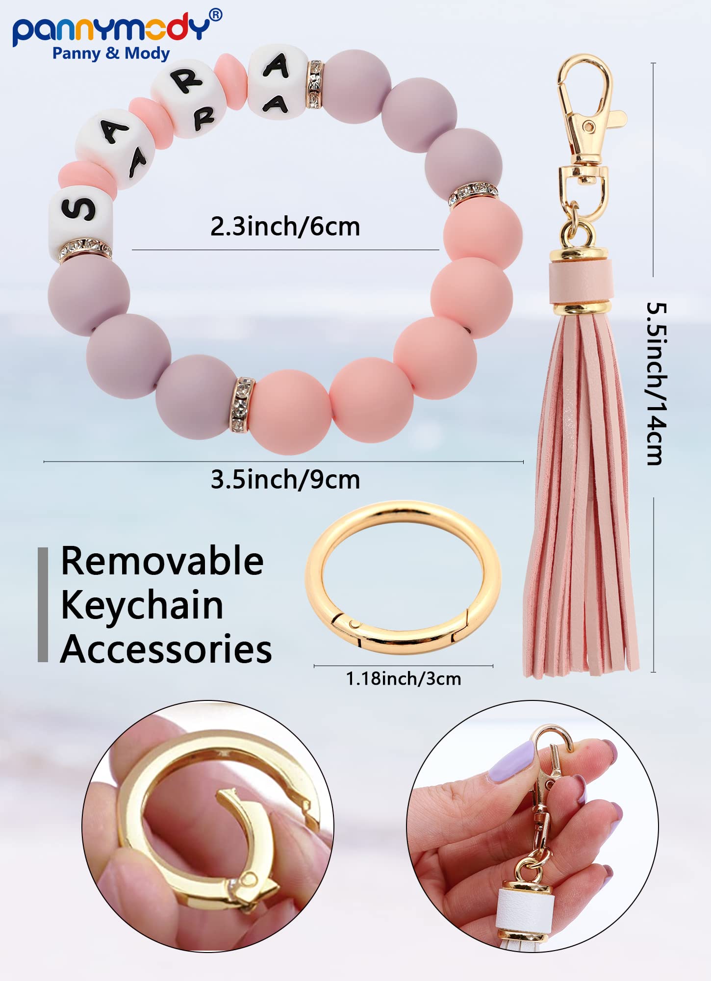 Panny&Mody Silicone Beaded Bracelet Keychain Wristlet,Personalized Keychain Wristlet Key Ring Holder with Zircon Leather Tassel(Pearl+White)