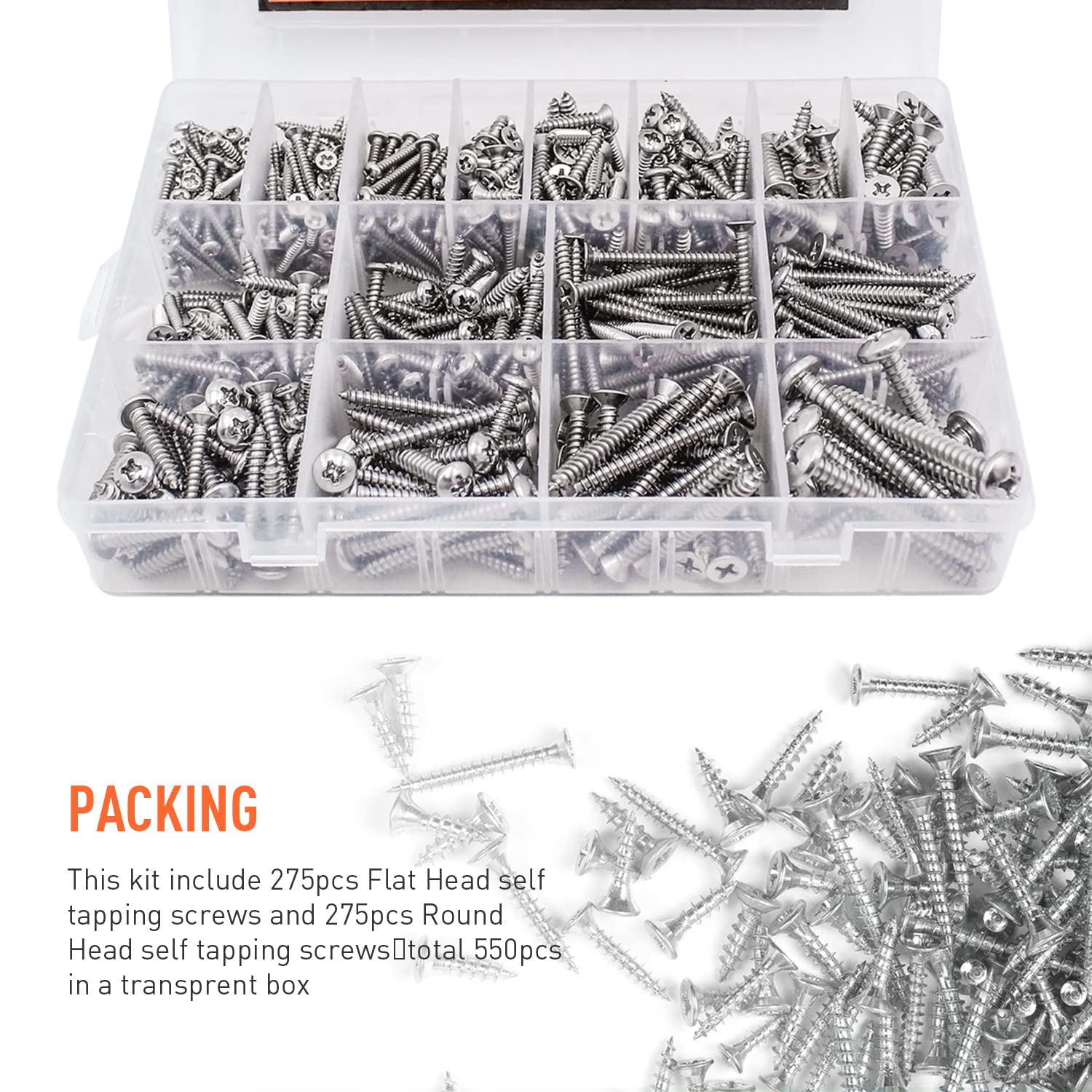 Trivd Frol 550Pcs Self Tapping Screws Assortment Set, M3/M4/M5/M6 304 Stainless Steel Sheet Metal Screws Kit, Phillips Drive Wood Screw Assortment 550Pcs(275pcs Round Head and 275pcs Flat Head)