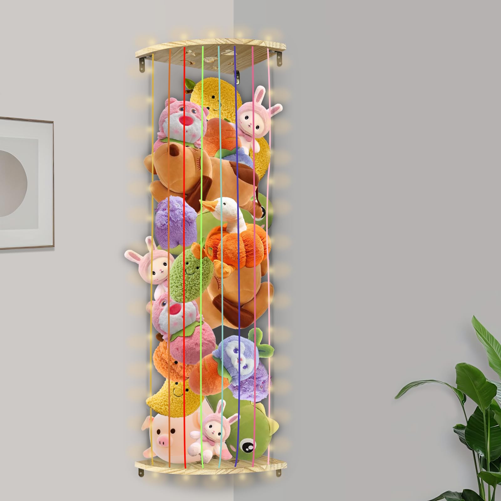 Wooden Corner Stuffed Animal Toy Organizer with Adjustable Length Shelf - Large Kids Storage Solution for Nursery, Playroom, and Bedroom (Log Colour, Colorful Rope with Light,Batteries not Included)
