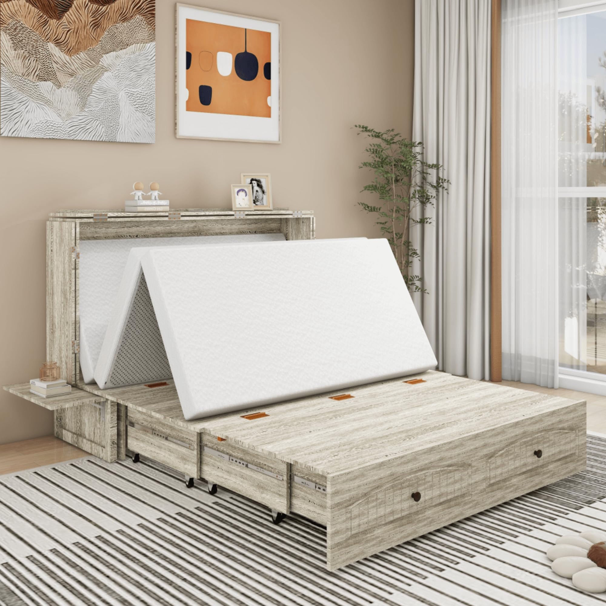UrbEleg Murphy Bed Cabinet, Queen Murphy Bed with Drawer Includes Folding Mattress, Murphy Bed Cabinet with USB and Charging Port, Murphy Bed Queen Suit for Bedroom, Reddish-Brown Cabinet Bed, Bed