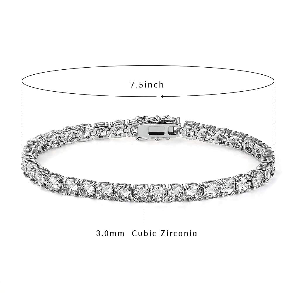 MDFUN Tennis Bracelet for Women and Men 3mm Cubic Zirconia 18K White Gold Plated Size 7.5 inches