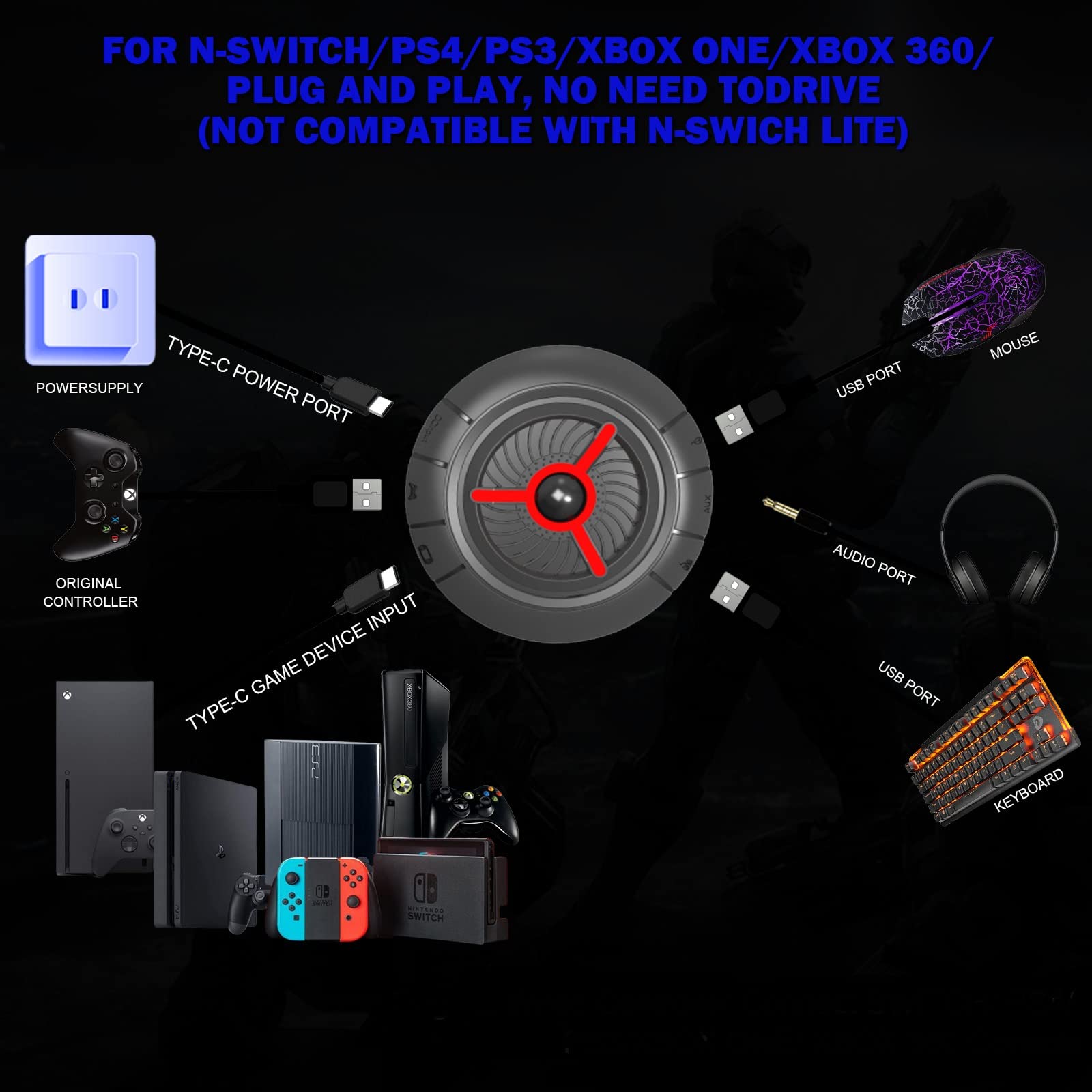 N-Switch Keyboard and Mouse Adapter, Wired Keyboard Mouse Converter with 3.5mm Headset Mic Port for PS4, PS3, Nintendo Switch, Xbox Series X/S, Xbox One/Slim/Pro/360 Console Support Custom Mapping