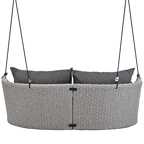 Wicker Porch Swing 2-Person Rattan Hanging Swing Bench Woven Outdoor Swing Chair with Adjustable Ropes & Cushions, for Patio Backyard Poolside Garden, Gray Wicker