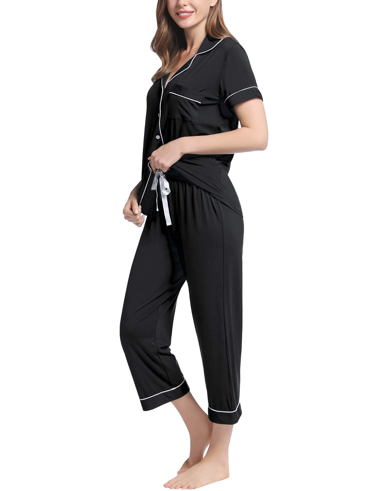 Joyaria Womens Bamboo Viscose Pajamas Set Cooling/Cool Pjs Set Night Sweats Sleepwear Jersey Knit(Black, XL)