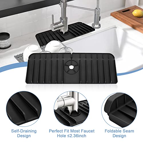 Silicone Faucet Handle Drip Catcher Tray, 2 Pack Silicone Faucet Mat for Kitchen Sink, Sink Splash Guard Behind Faucet, Faucet Drip Catcher to Keep Kitchen Clean and Dry 14.6''x5.4'' (Black)
