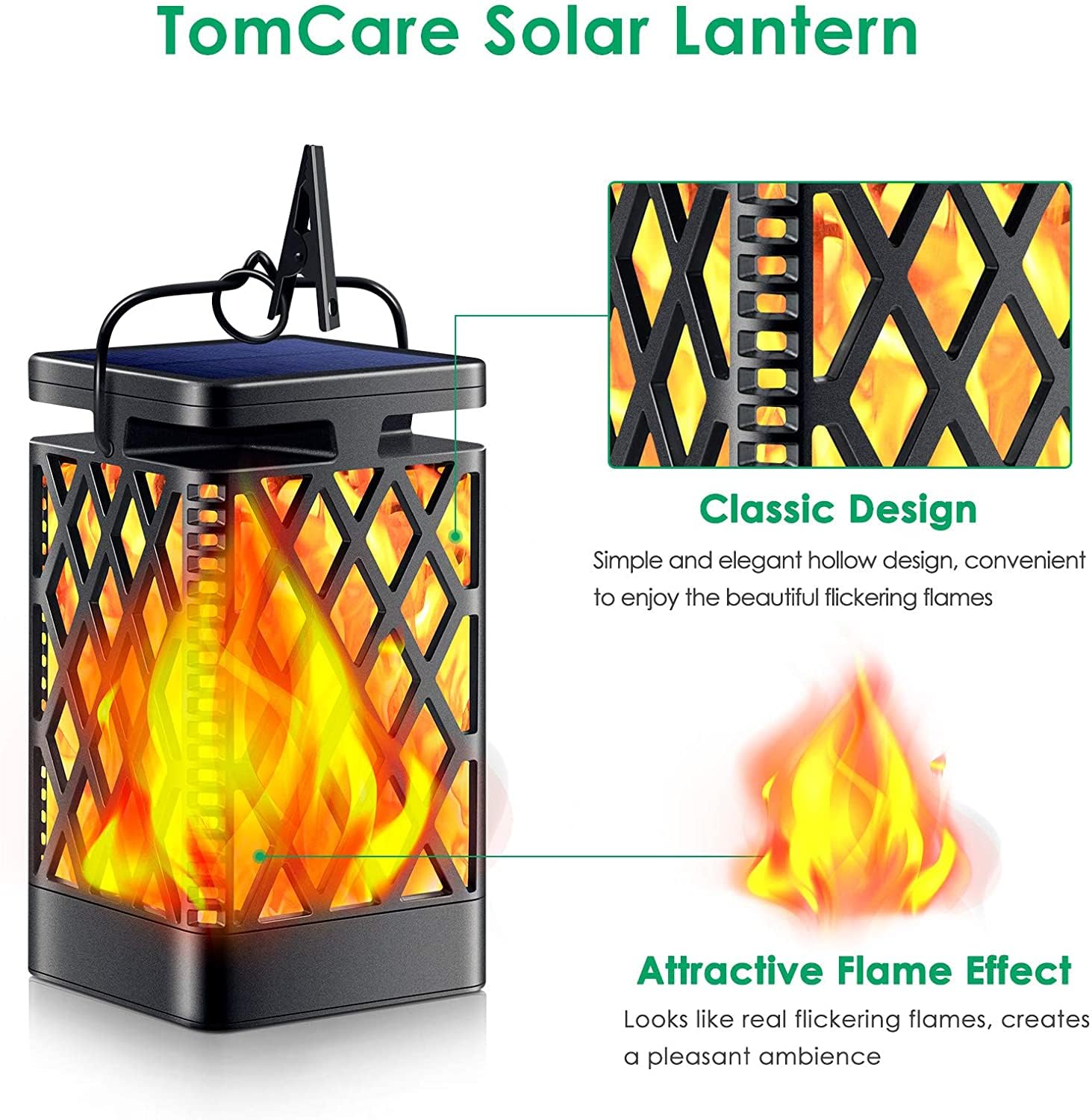 TomCare Solar Lights Outdoor Flickering Flame Solar Lantern Outdoor Hanging Lanterns Decorative Outdoor Lighting Solar Powered Waterproof LED Flame Christmas Lights for Patio Garden, 2 Pack(Black)