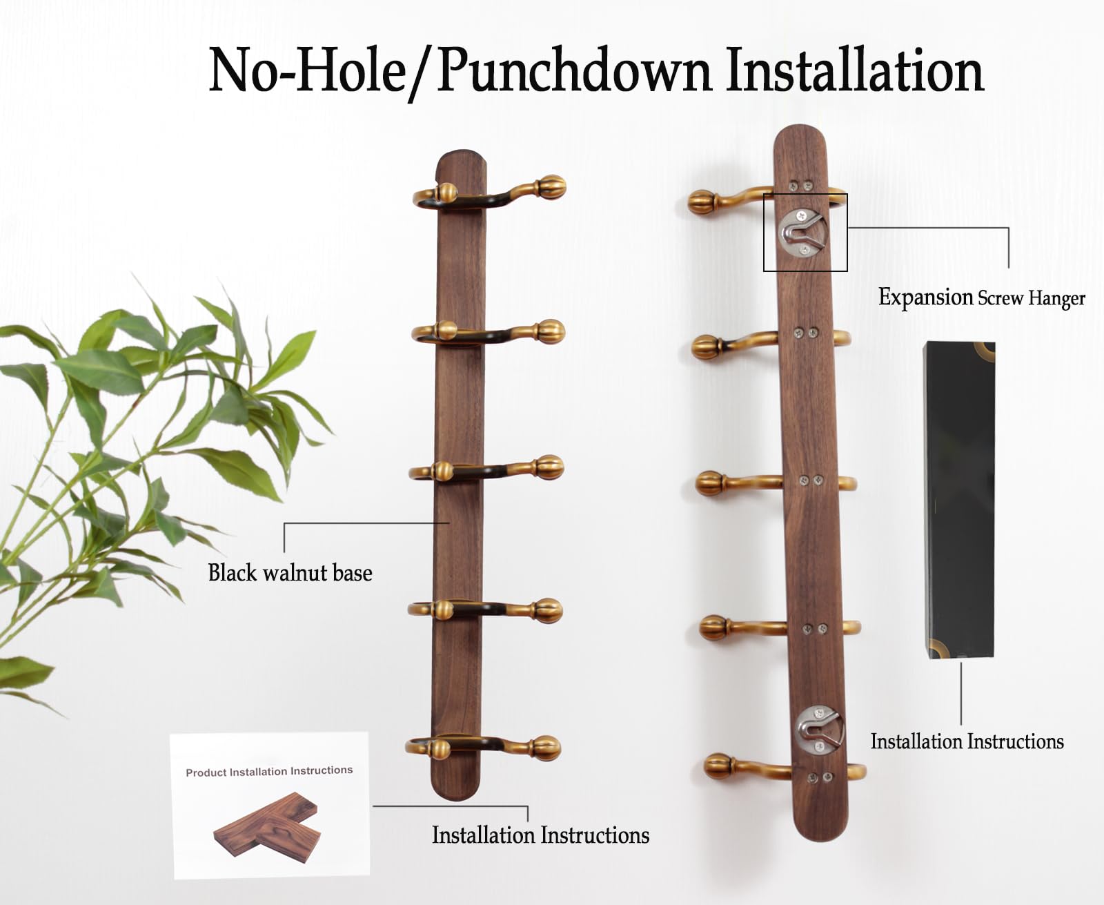 ZMgarden Wooden Coat Rack Wall Mount,Mid Century Modern Coat Rack,Rustic Farmhouse Entryway Hooks for Wall, Black Walnut Coat,Hat,Bag Hanger with 5 Hooks (walnutA)