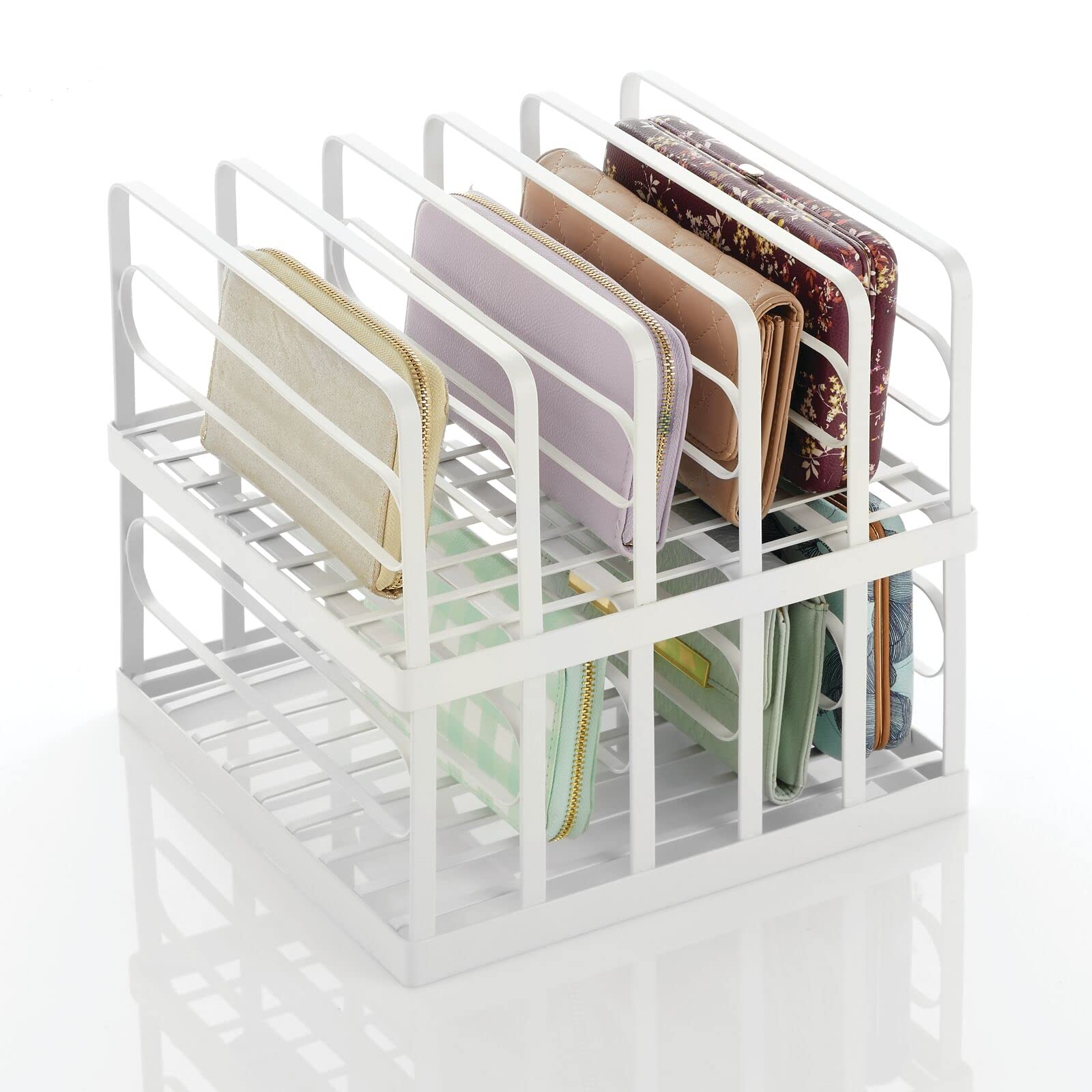 mDesign Metal Divided Stackable Purse Organizer for Closets, Bedrooms, Dressers, Shelves - Closet Shelf Storage Solution for Purses, Clutches, Wallets, Accessories - 5 Sections - Matte White