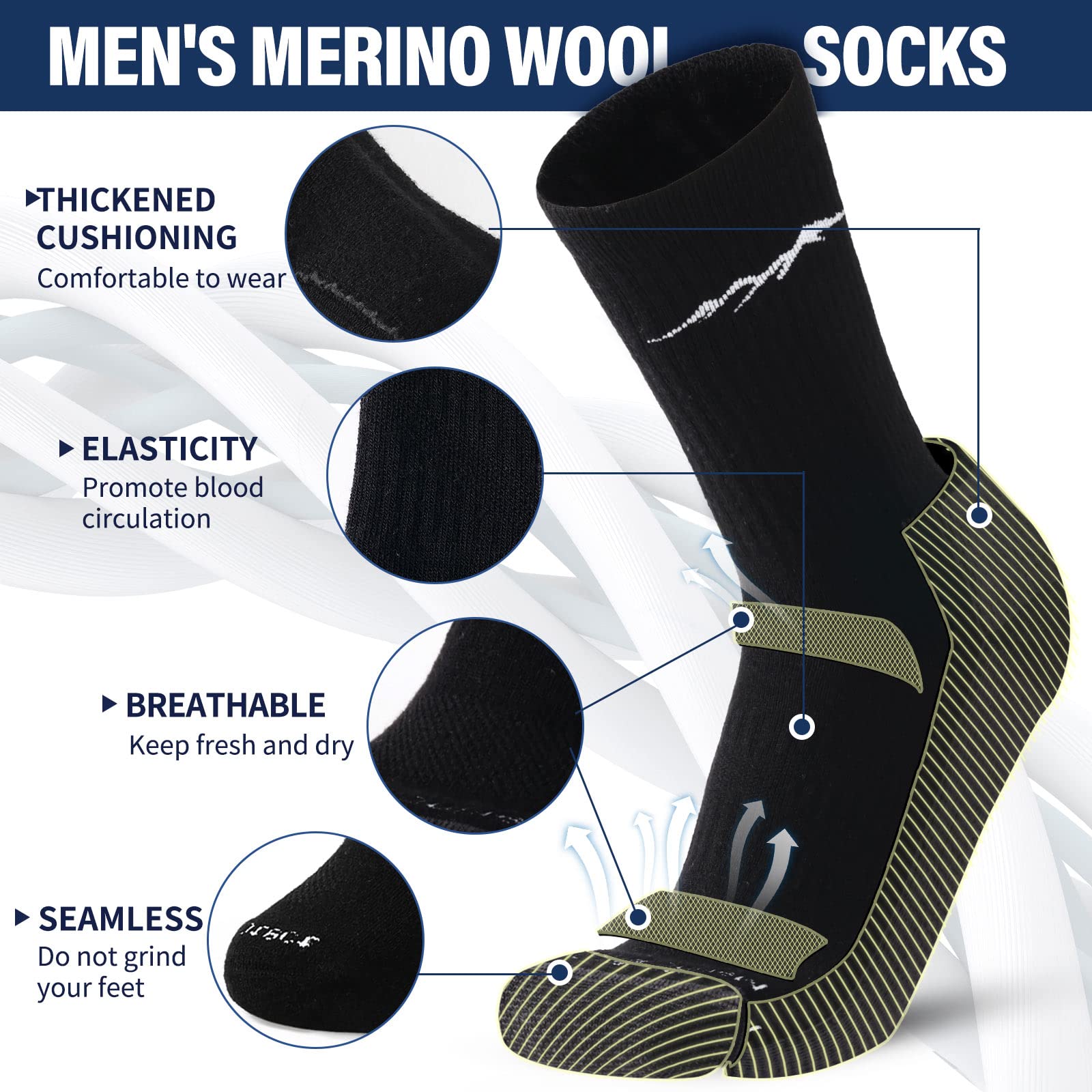 Merino Protect Merino Wool Socks for Men Warm Soft Hiking Socks Odor Resistant Crew Socks Hiking Hunting Cycling
