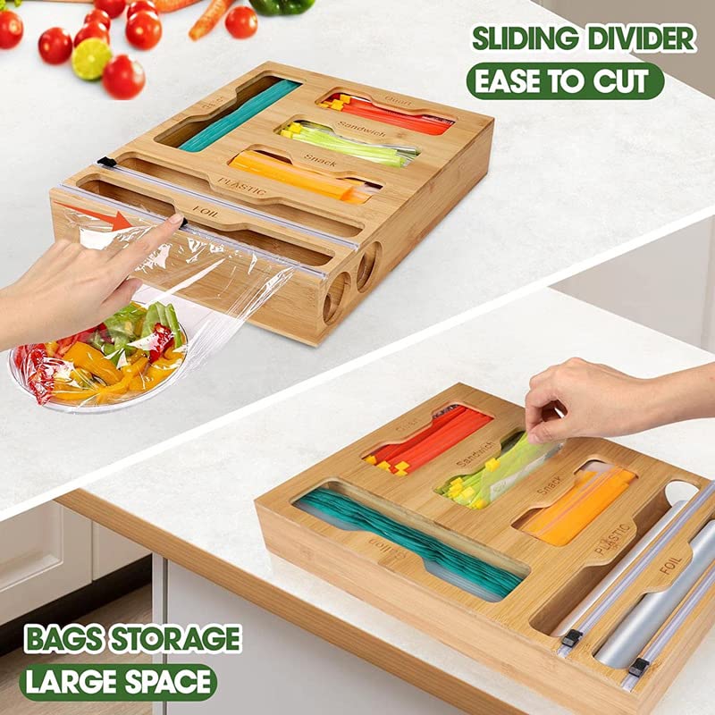 ziplock bag organizer, ziplock bag organizer for drawer, ziploc bag organizer, sandwich bag organizer Bamboo, 6 in 1 Wrap Dispenser With Cutter, Kitchen Storage Ziplock Bag Organizer For Drawer, Compatible With Ziplock Gallon, Quart, Sandwich, Snack, Alum