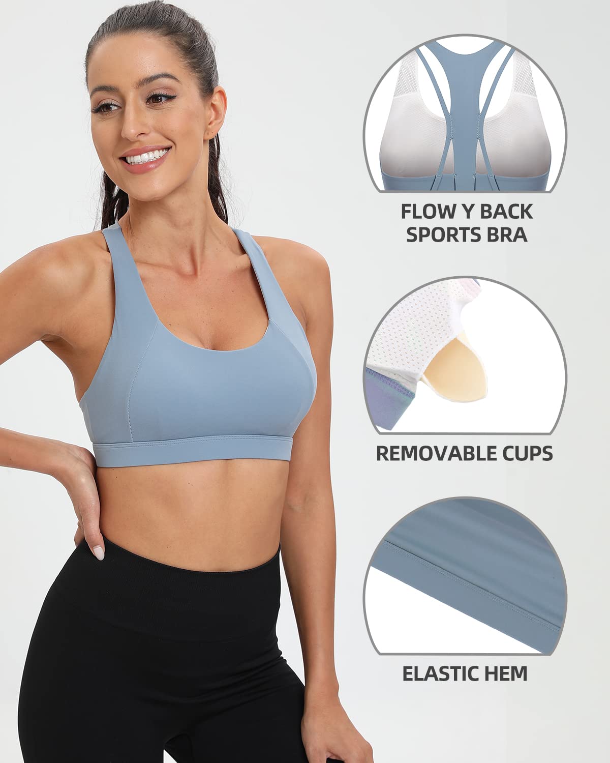 SONGSKY Sports Bra for Women, Y Back Racerback Medium Support Strappy Workout Yoga Bra with Removable Cups(W2823_Blue_M)