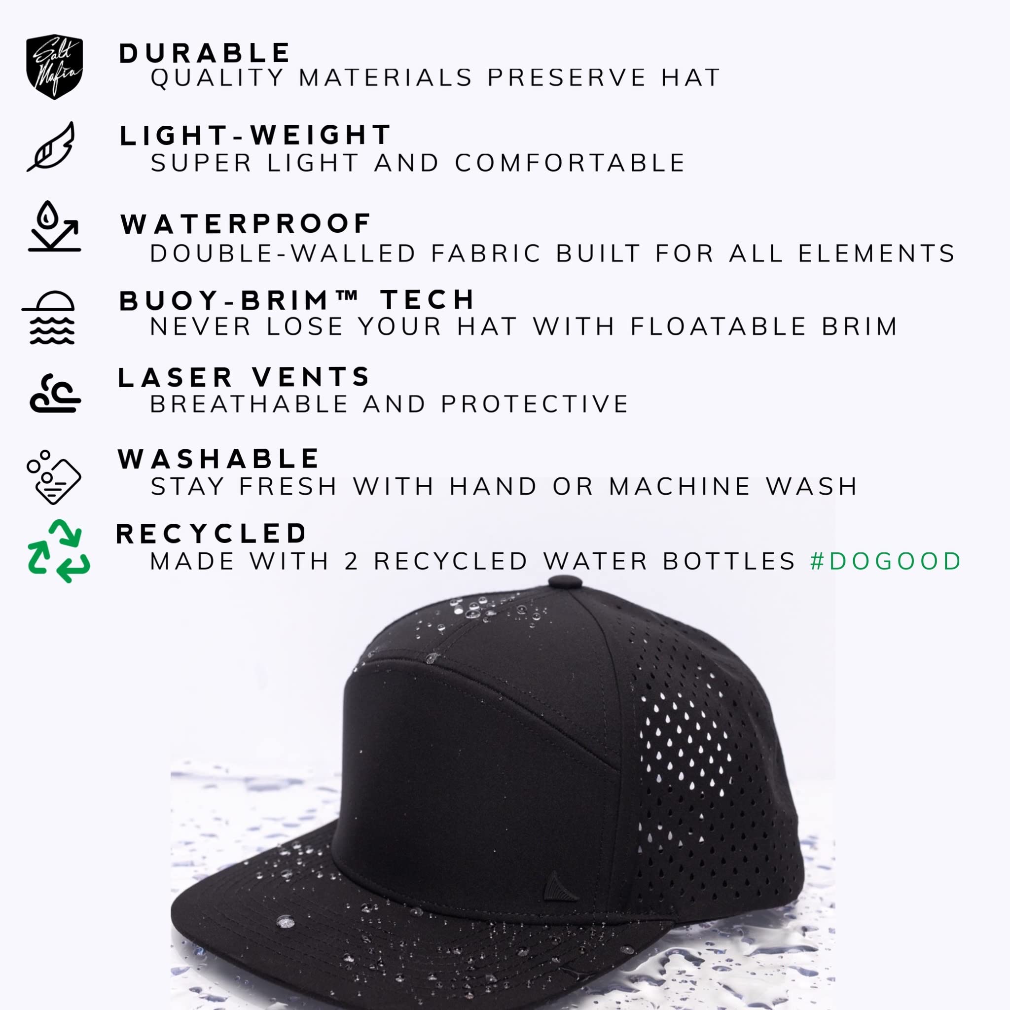 Salt Mafia 7-Panel Flat Brim Water-Resistant Performance Snap Back Hat, Blackout