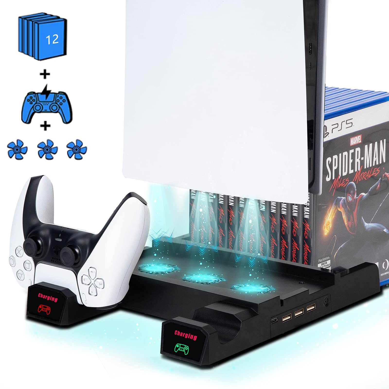 My Genik Touch on Charger with 3 Fan Cooler for PS5 Digital Edition & Ultra HD Console Vertical Cooling Stand with LED Indicators, USB Fast Charging Dock Station with 12PCS Games Storage