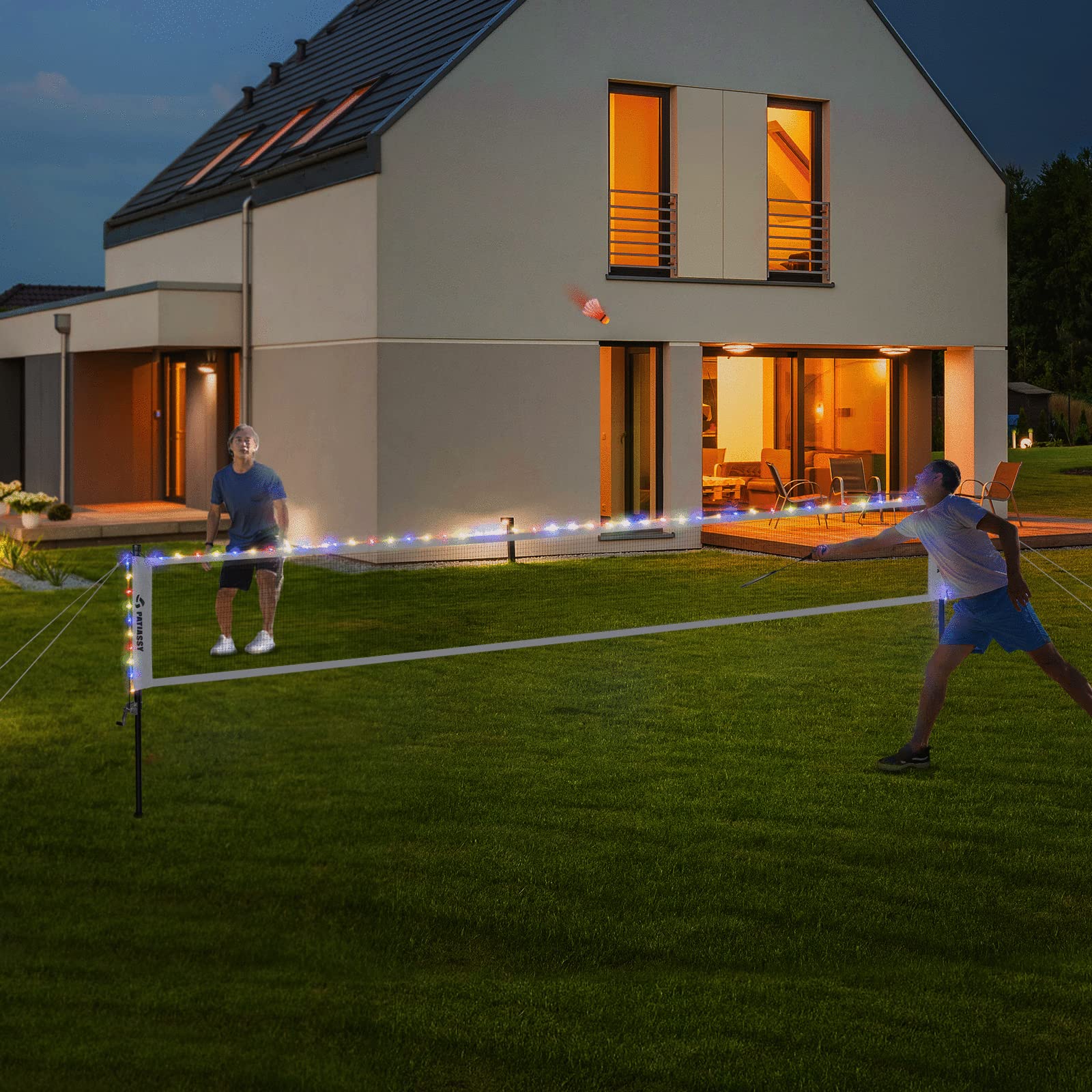 Patiassy Badminton Net Set with Light Portable LED Badminton Sets for Backyards with Net, 2 LED Badminton Shuttlecocks, 4 Badminton Rackets, Winch System and Carrying Bag