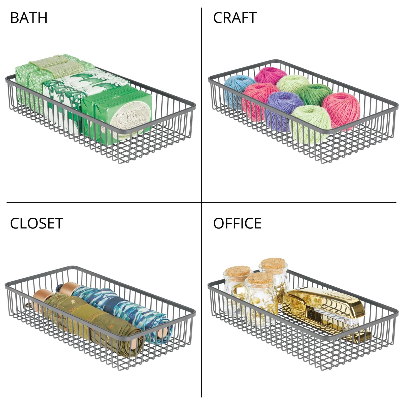 mDesign Metal Farmhouse Kitchen Cabinet Drawer Organizer Tray - Storage Basket for Cutlery, Serving Spoons, Cooking Utensils, Gadgets - 12.1" Long, 2 Pack - Graphite Gray