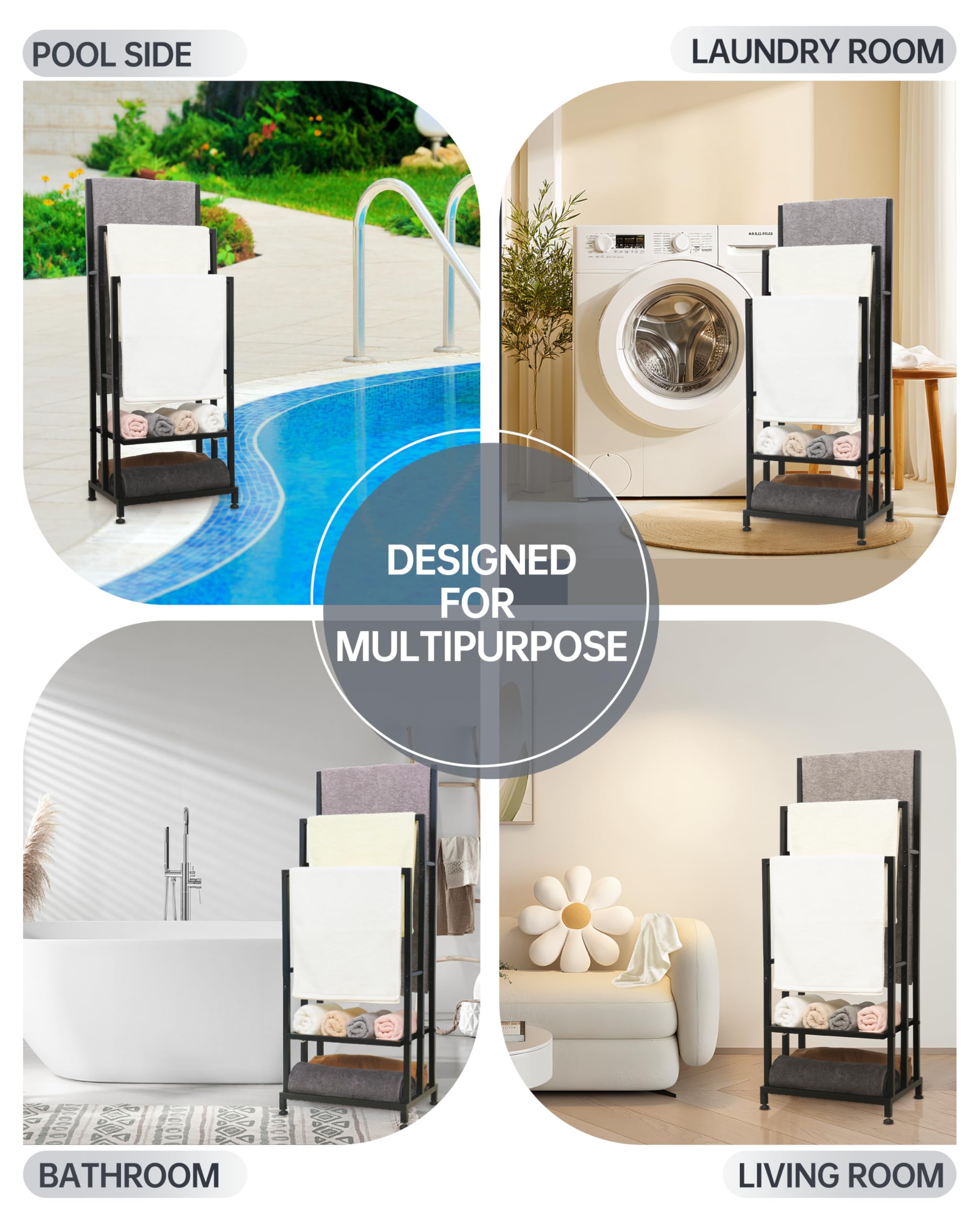 ZOES HOMEWARE 41" H Free Standing Towel Rack for Bathroom | 3 Tier Blanket Rack with 2 Storage Shelves | Anti-Rust Stand Towel Rack for Outdoor,Bathroom,Bath&Pool | Black, 41"x16"x12"