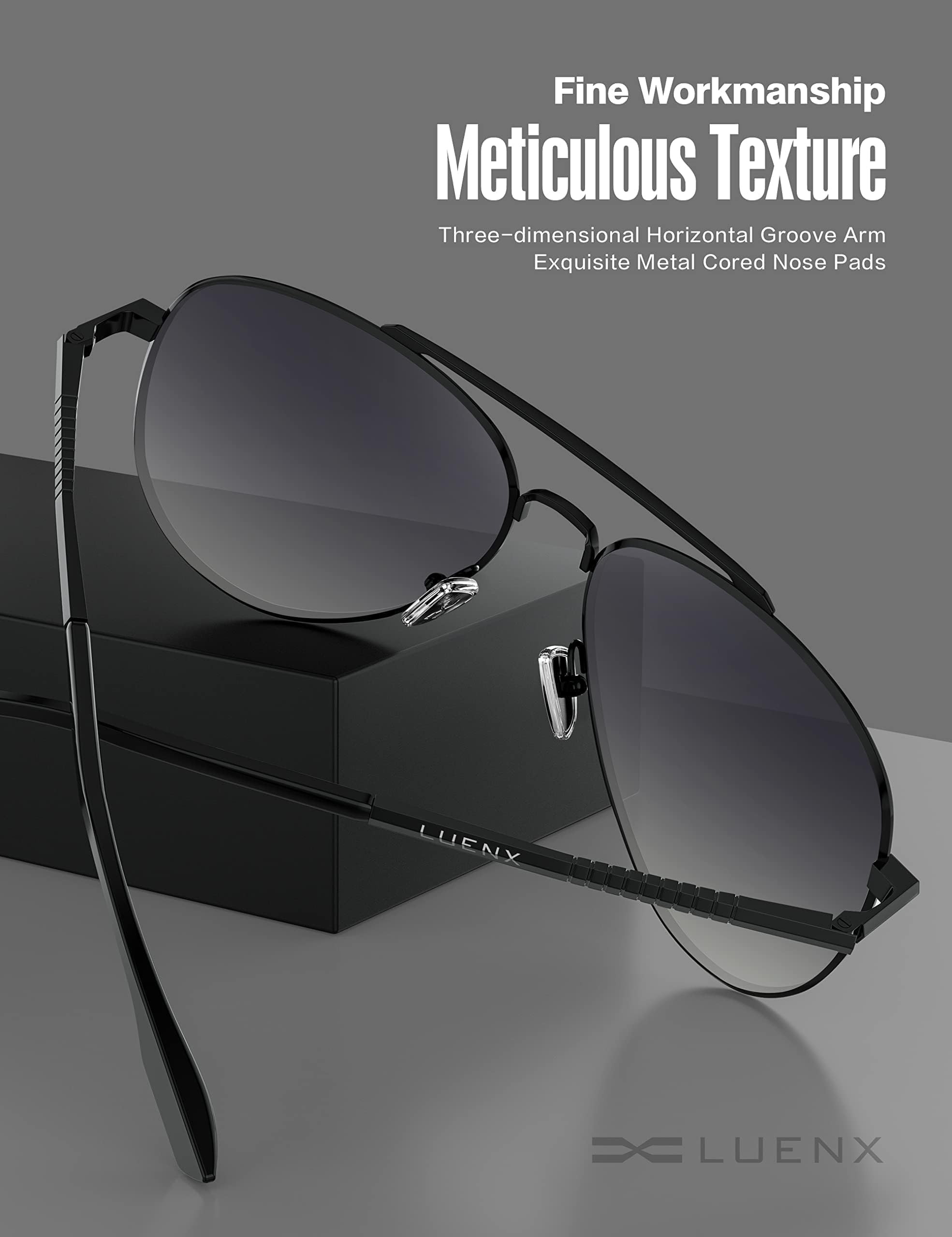 LUENX Aviator Sunglasses for Mens Womens Polarized Driving Eyewear Gradient Black Lens Metal Black Frame 60mm UV400 Protection Classic Style