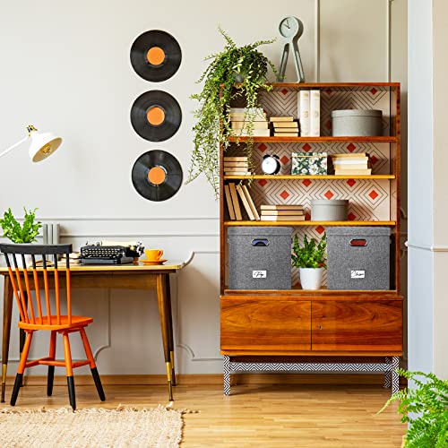 Woodoulogy Vinyl Record Storage Box for 50+ Single LPs, Stackable Albums Linen Crate with Lid, Collapsible Play Music Collection Holder, Document File Folder Cabinet Organizer Case with Handle