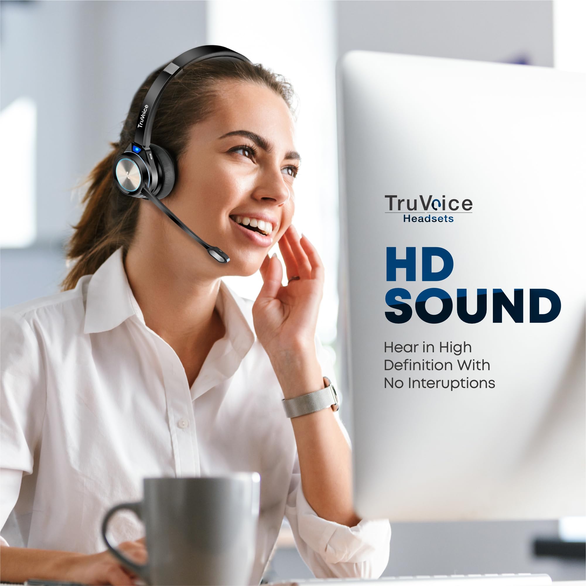 TruVoice BT55 Wireless USB Headset with Hi-Fi Audio and Noise Canceling Microphone - v5.2 Bluetooth Fast Charging Base and 15hr Talk time - Multi Connectivity with Both Computer and Cell Phone.